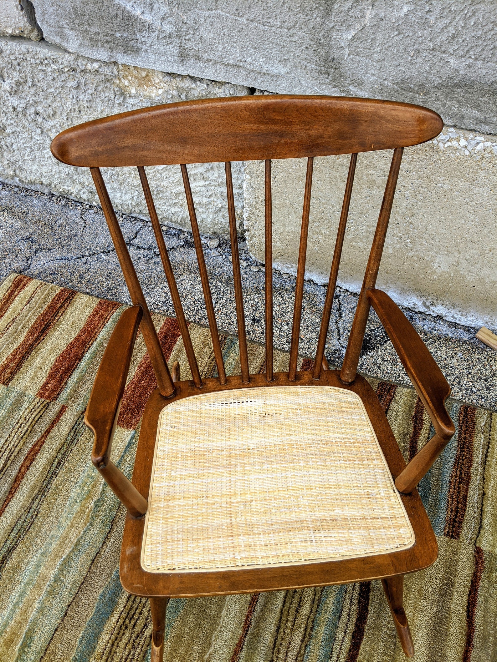 Danish Modern Wooden Rocking Chair Tapered Spindles Caned | Etsy