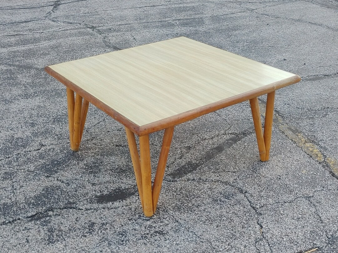 Vintage Rattan Square Coffee Table ~ Blonde Wood Grain Formica Top ...