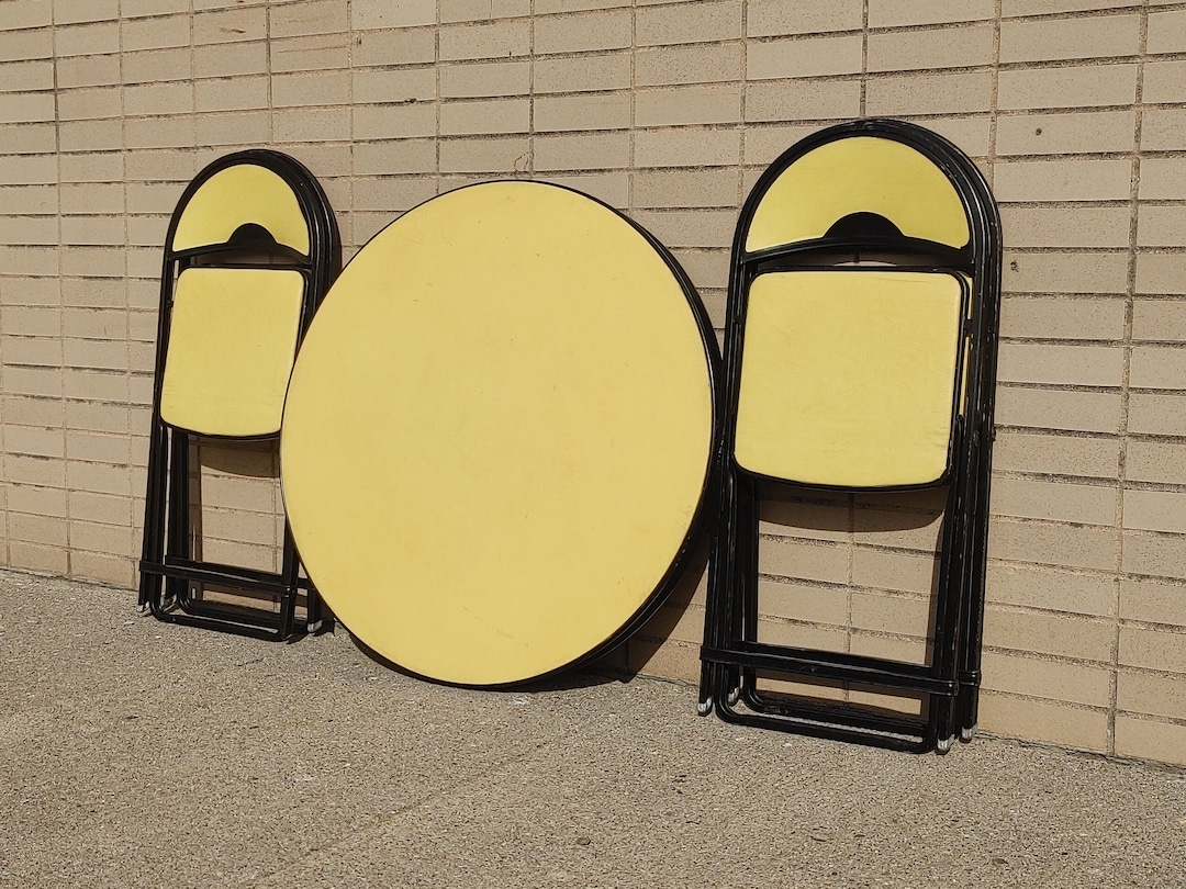Vintage Durham Metal Folding Card Table Set ~ Black/yellow Round Table ...