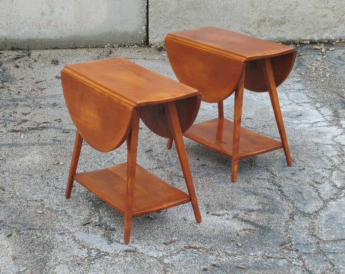 Pair of Cushman Colonial Drop Leaf End Tables ~ Solid Maple Vintage Side Tables ~ Tapered Legs ...