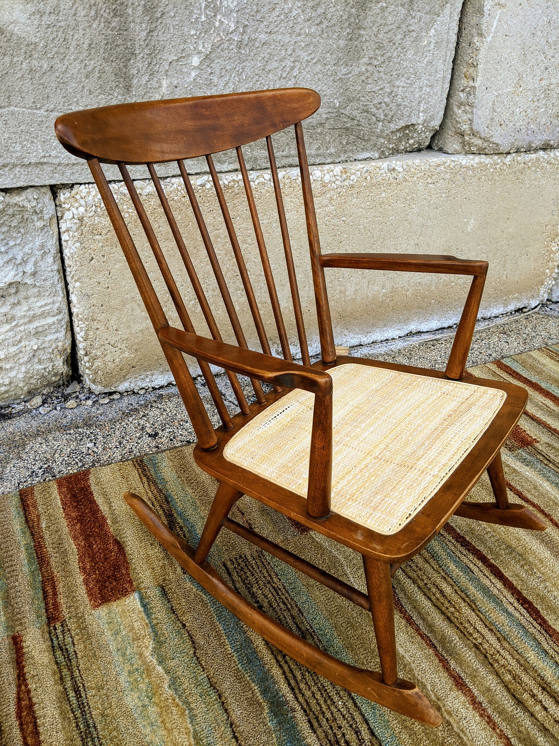 Danish Modern Wooden Rocking Chair Tapered Spindles Caned | Etsy