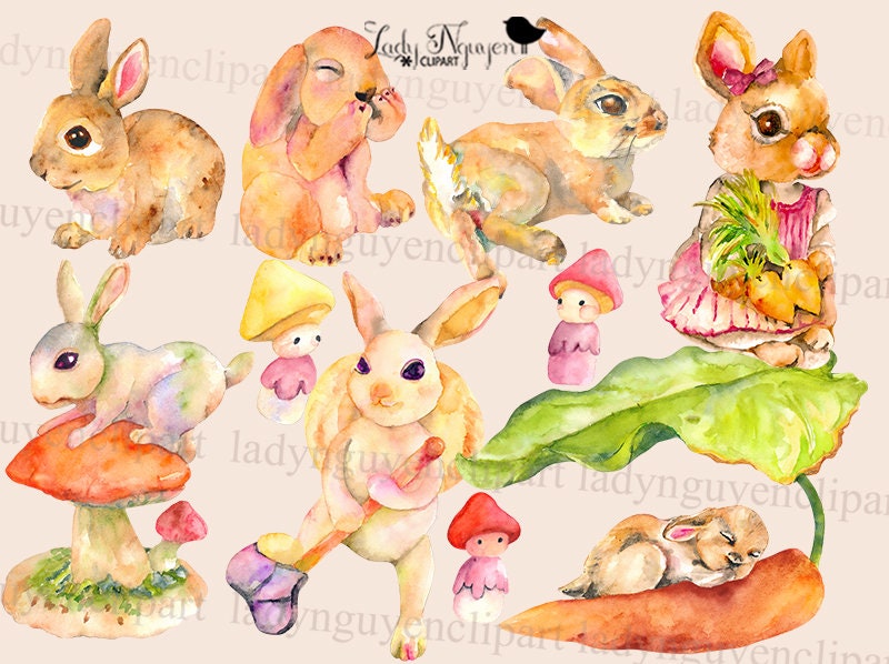INSTANT DOWNLOAD Spring Bunny Watercolor Clipart, Cute Bunny Clipart ...