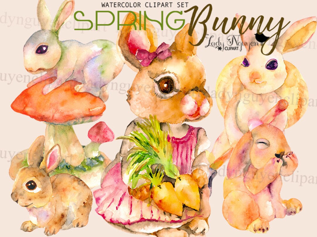 INSTANT DOWNLOAD Spring Bunny Watercolor Clipart, Cute Bunny Clipart ...