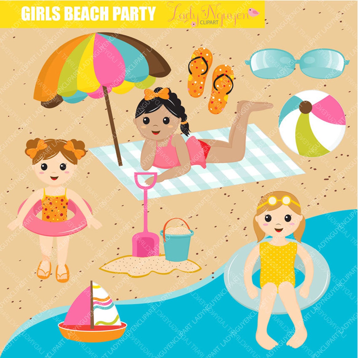 INSTANT DOWNLOAD Girl Beach Party Digital Clip Art for Card Design ...