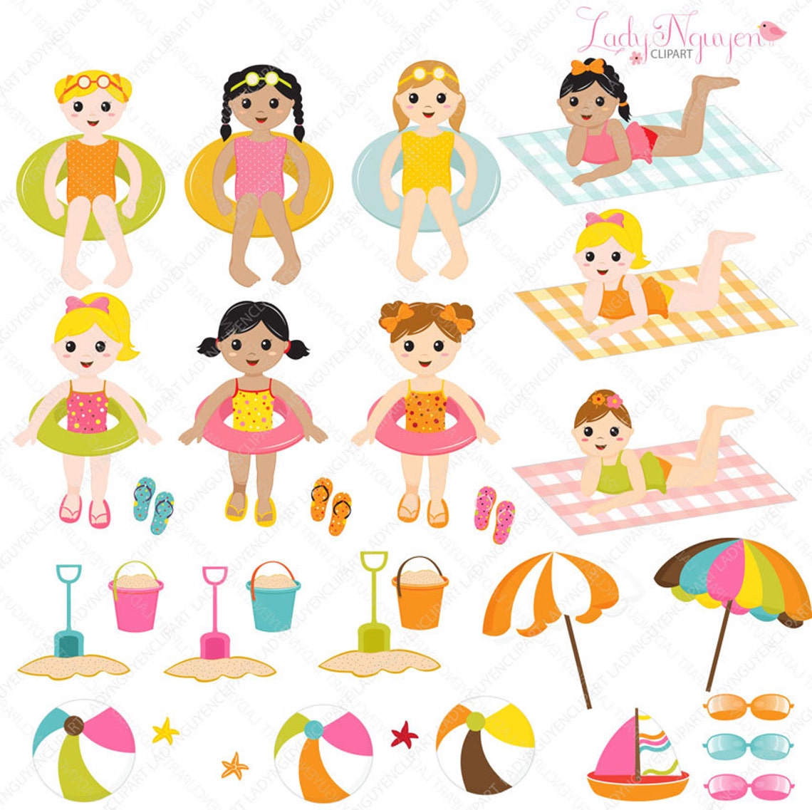 INSTANT DOWNLOAD Girl Beach Party Digital Clip Art for Card Design ...