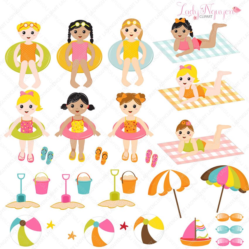 INSTANT DOWNLOAD - Girl Beach Party Digital Clip Art for Card Design ...
