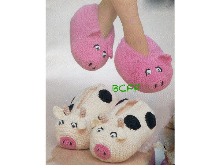 Slipper Crochet Pattern Vintage Cow Slippers - Pig Slippers - PDF ...