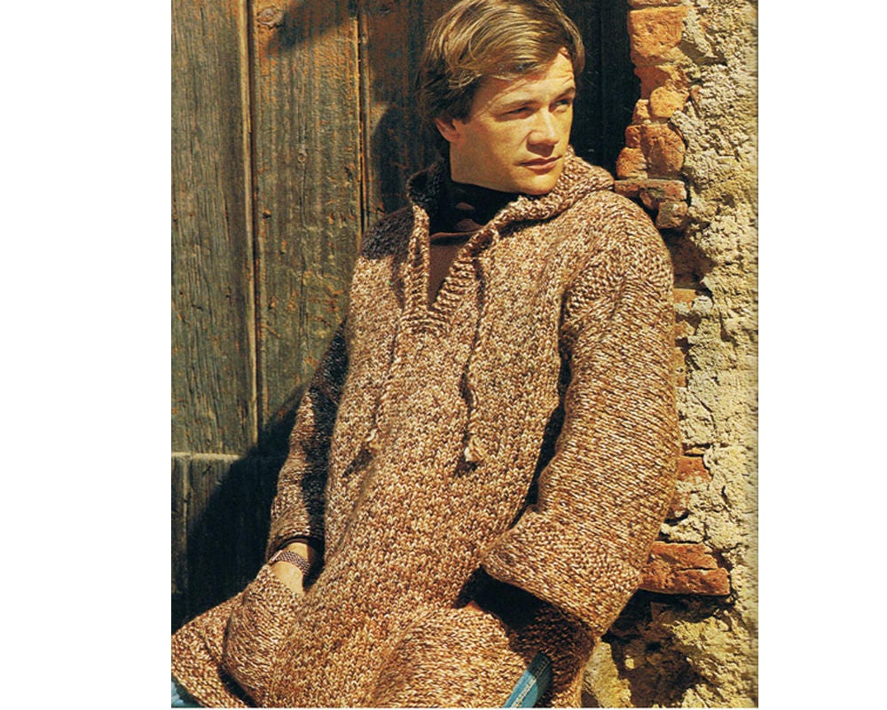 Vintage 1970's Sweater Knitting Pattern Mens Hooded Sweater Tunic Sizes ...