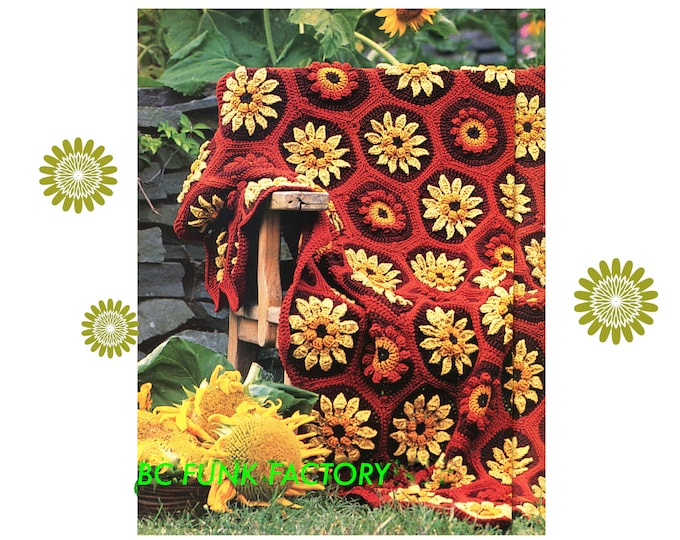 Vintage Crochet Pattern Bright Sunflowers Motif Granny Squares Afghan ...