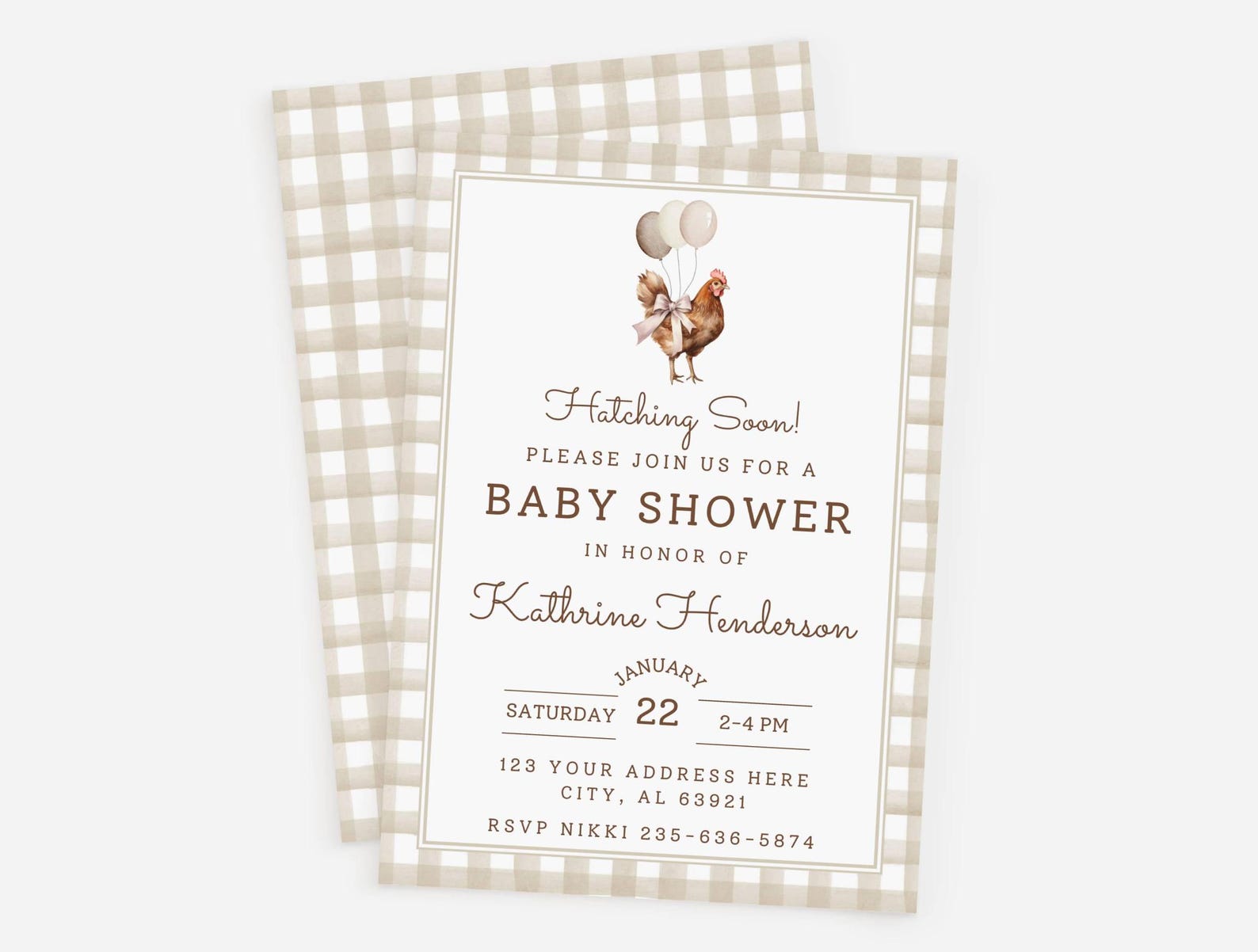 Neutral Baby Shower Invitation, Chicken Theme, Balloons, Tan Gingham ...