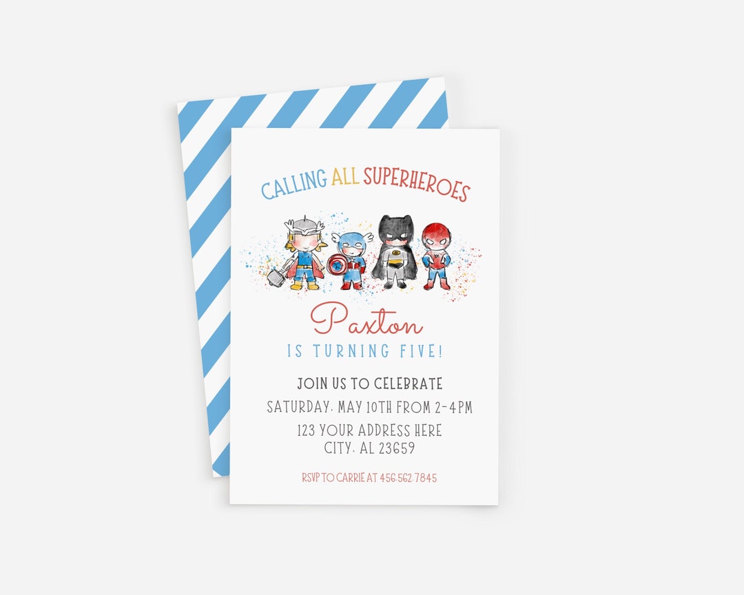 Watercolor Superheroes Birthday Invitation, Superhero Theme Birthday ...