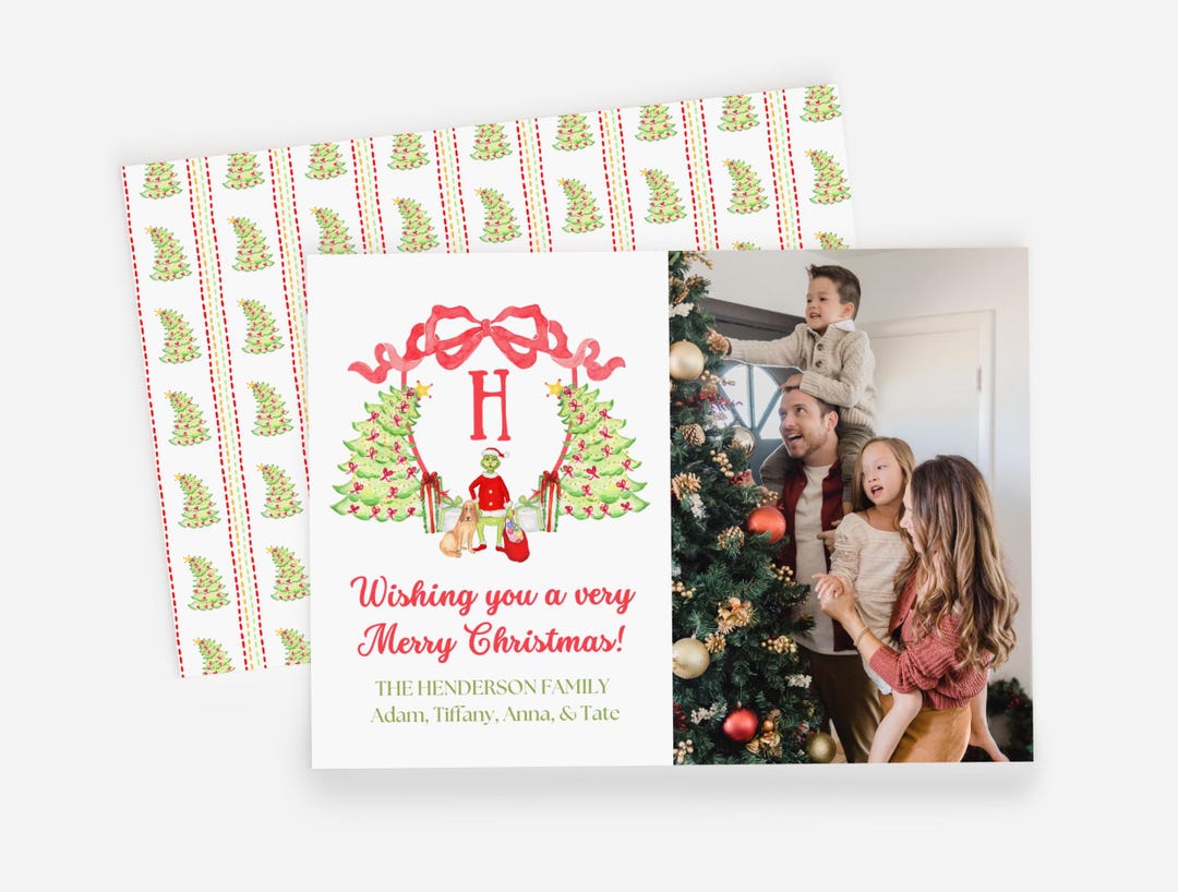 Christmas Card With Photo, Green Guy Christmas Card, Red Bow ...