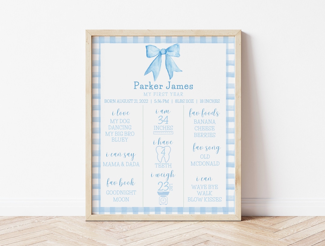 Blue Gingham Milestone Sign, Babys First Year, Boy First Birthday Sign ...