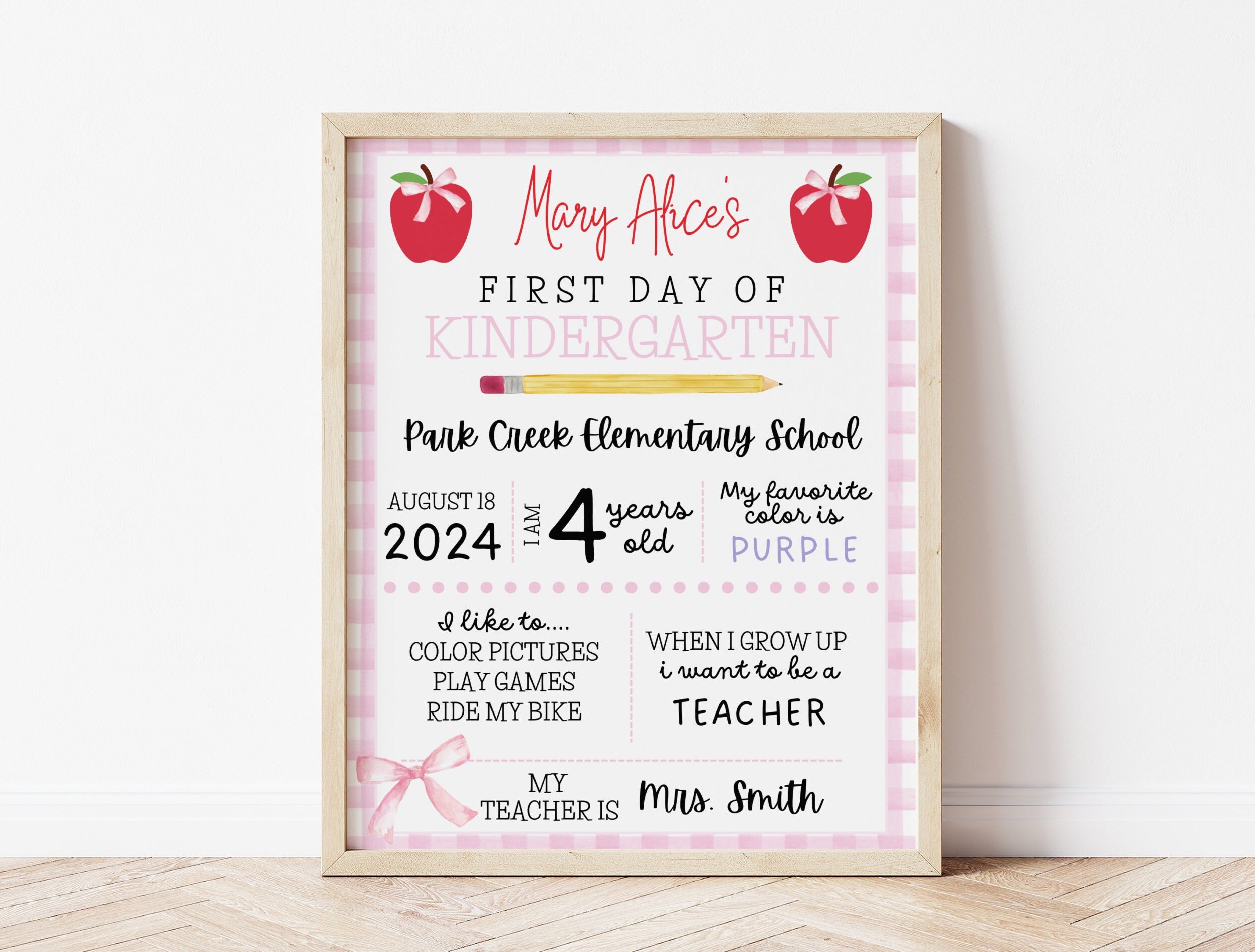 Pink Gingham First Day of School Sign, Girl First Day of School Sign ...