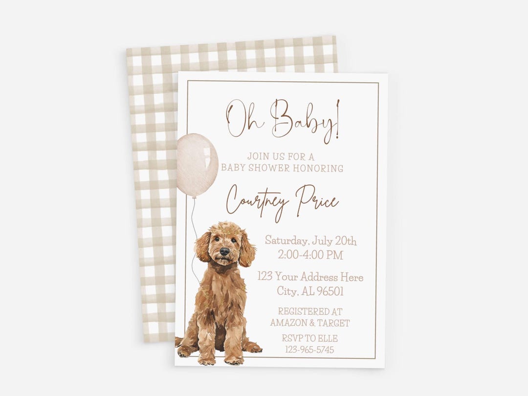 Goldendoodle Baby Shower Invitation, Beige Gingham, Baby Shower Invite ...