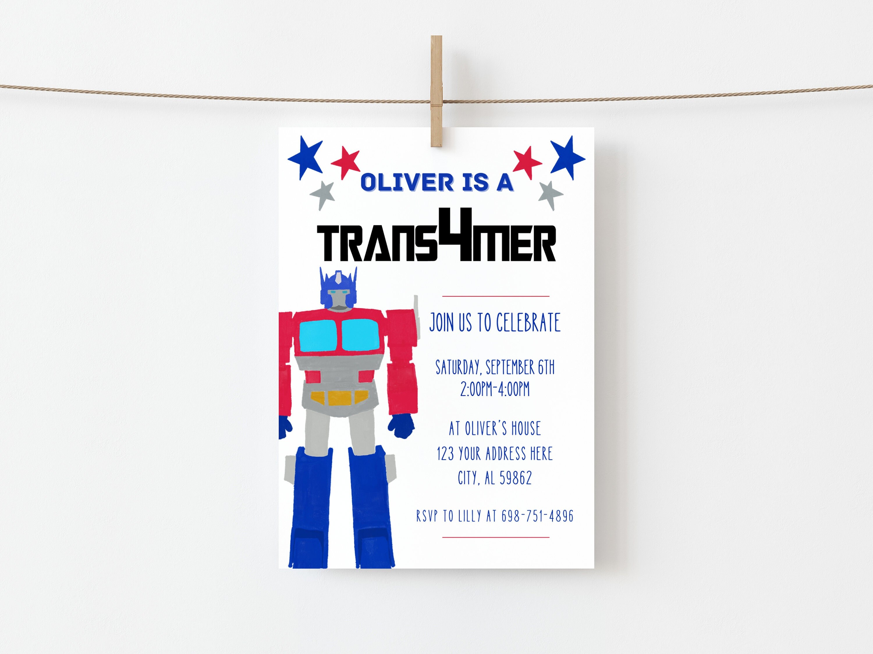 Transformers Birthday Invitation, Robot, Autobot, Red and Blue, Fourth ...
