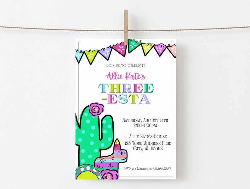 Fiesta Birthday Party Invitation, Three-esta Party, Third Birthday, Mexican Theme, Cactus Taco ...