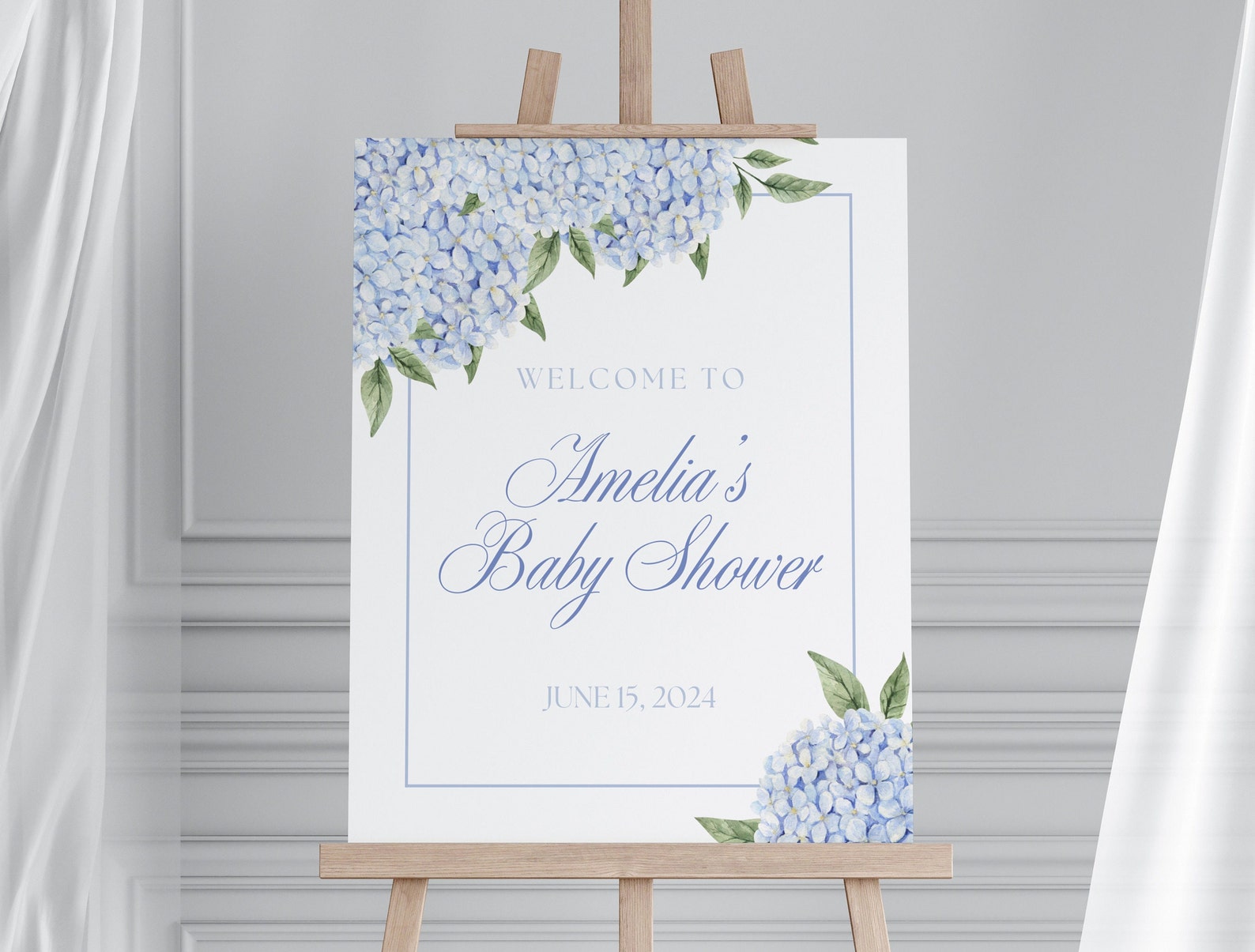 Blue Hydrangea Baby Shower Welcome Sign, Baby Shower Sign, Blue Floral ...