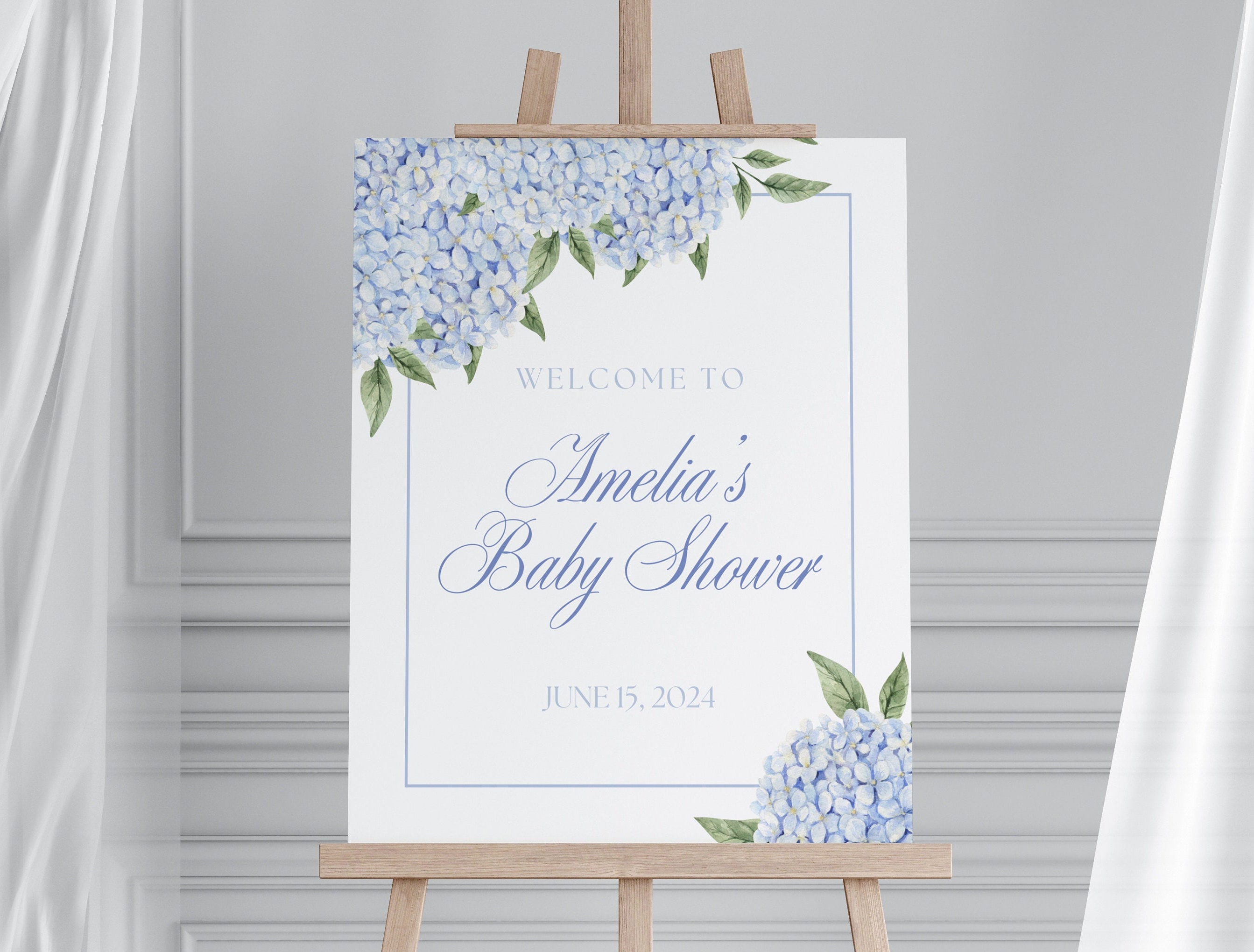 Blue Hydrangea Baby Shower Welcome Sign, Baby Shower Sign, Blue Floral ...