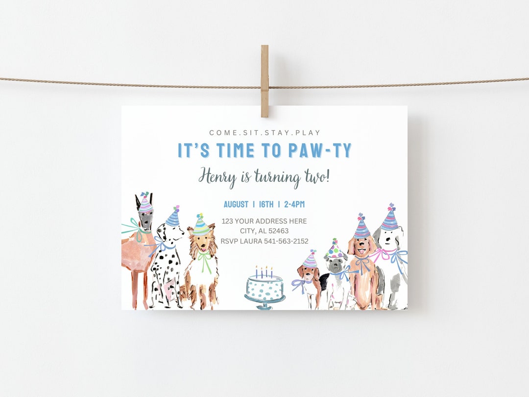 Come Sit Stay Play It's Time to Paw-ty Birthday Invitation, Puppy Theme ...