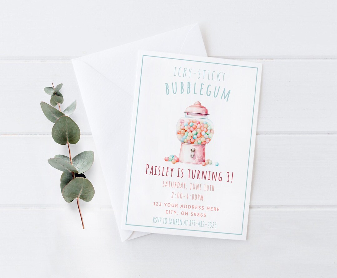 Icky-sticky Bubblegum Birthday Party Invitation, Bubblegum Birthday ...