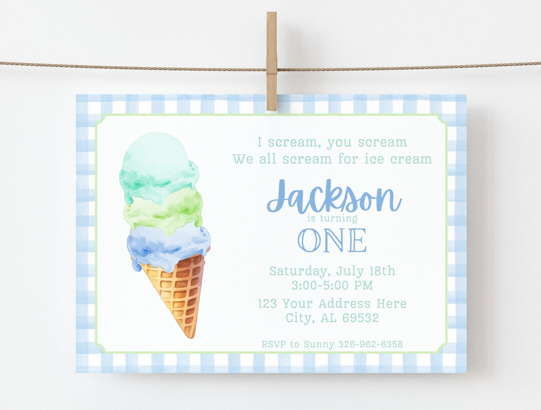 Ice Cream Birthday Invitation, Blue Gingham, Watercolor, Boy First ...