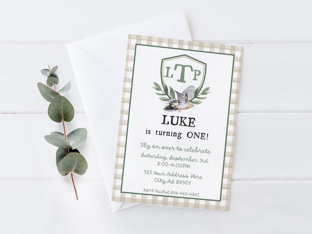 Dove Birthday Invitation, Gingham, Boy Birthday Invite, Hunting ...