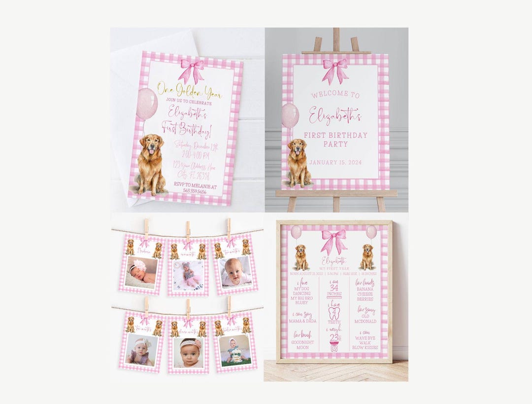 Pink Bow Golden Retriever Birthday Invitation, One Golden Year, Girl ...