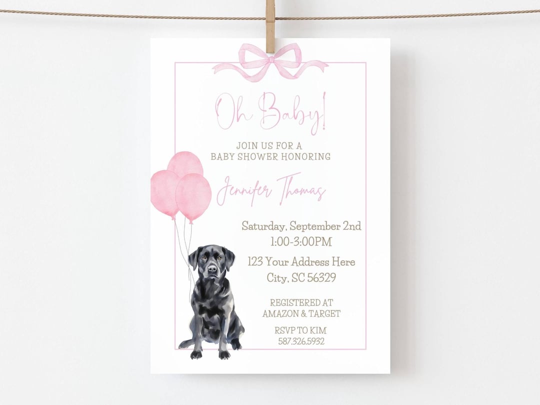 Black Labrador Retriever Baby Shower Invitation Printable, Pink Bow ...