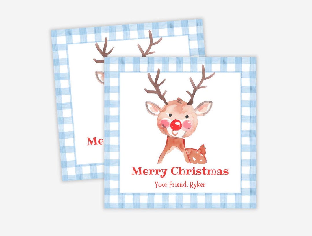 Reindeer Christmas Gift Tag, Red Nose Reindeer, Blue Gingham, Merry ...