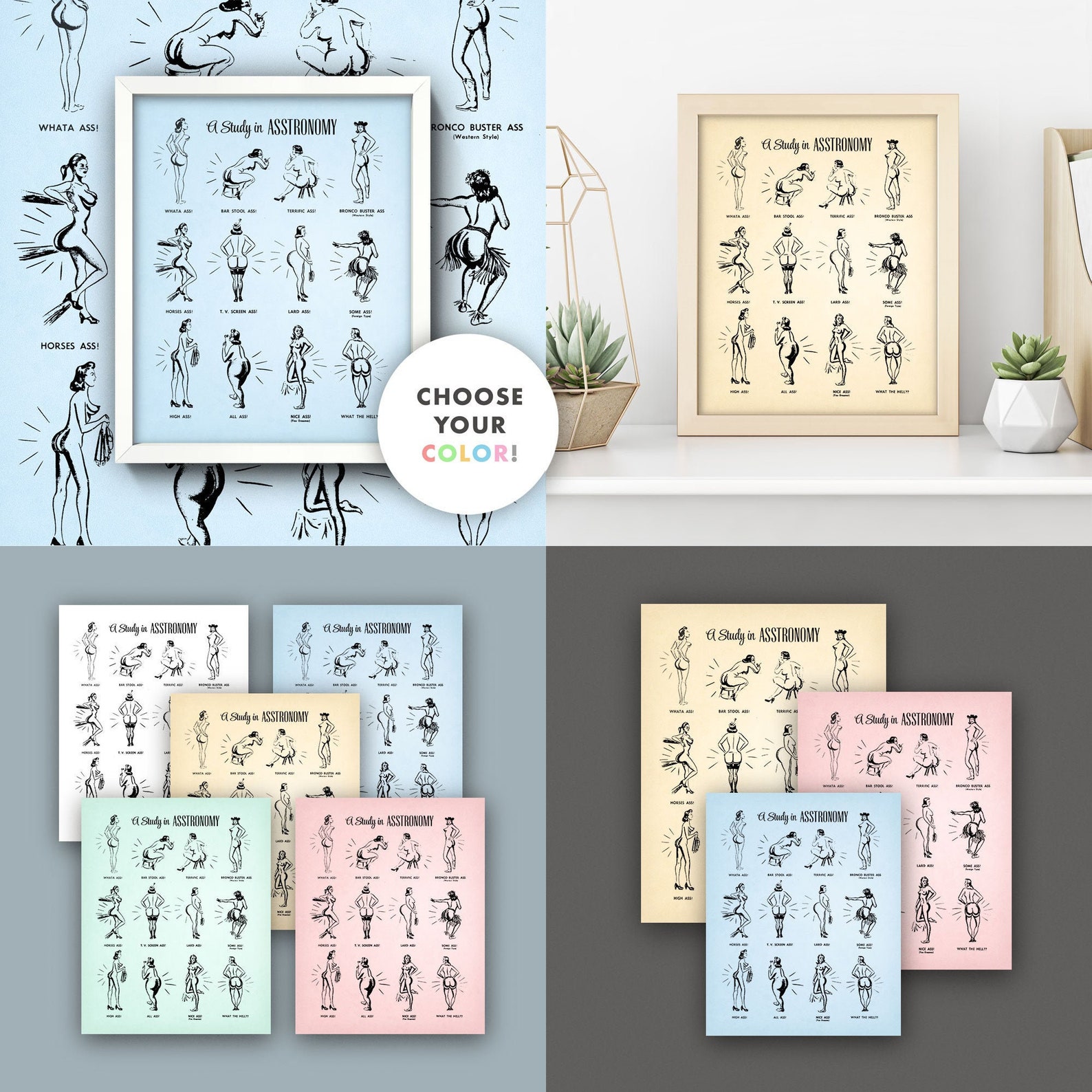 Asstronomy! Butt Types Print • Vintage Bathroom Art • 3 Sizes! • Choose ...