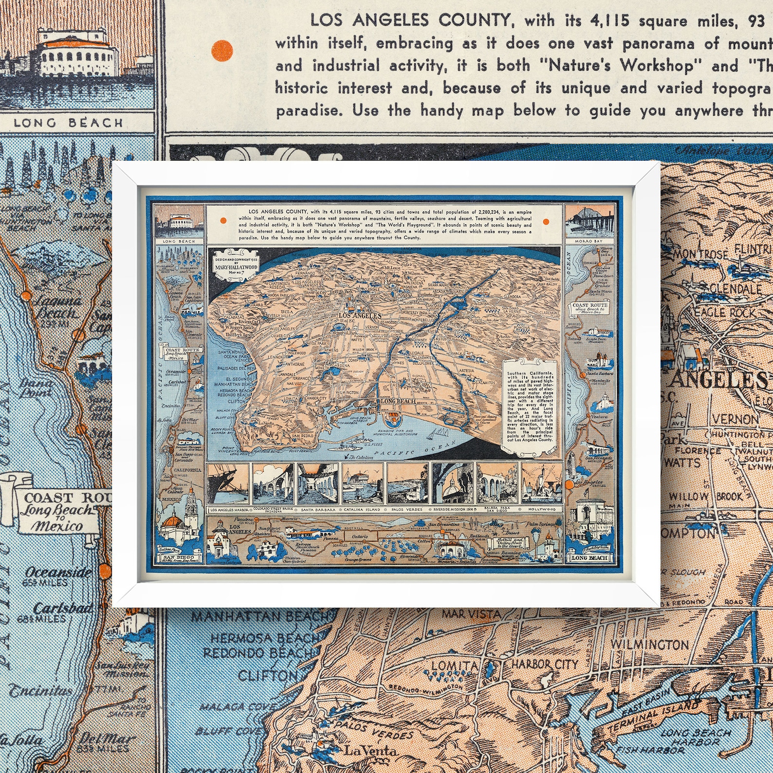 Vintage Long Beach & Los Angeles Map Print Unusual Southern - Etsy