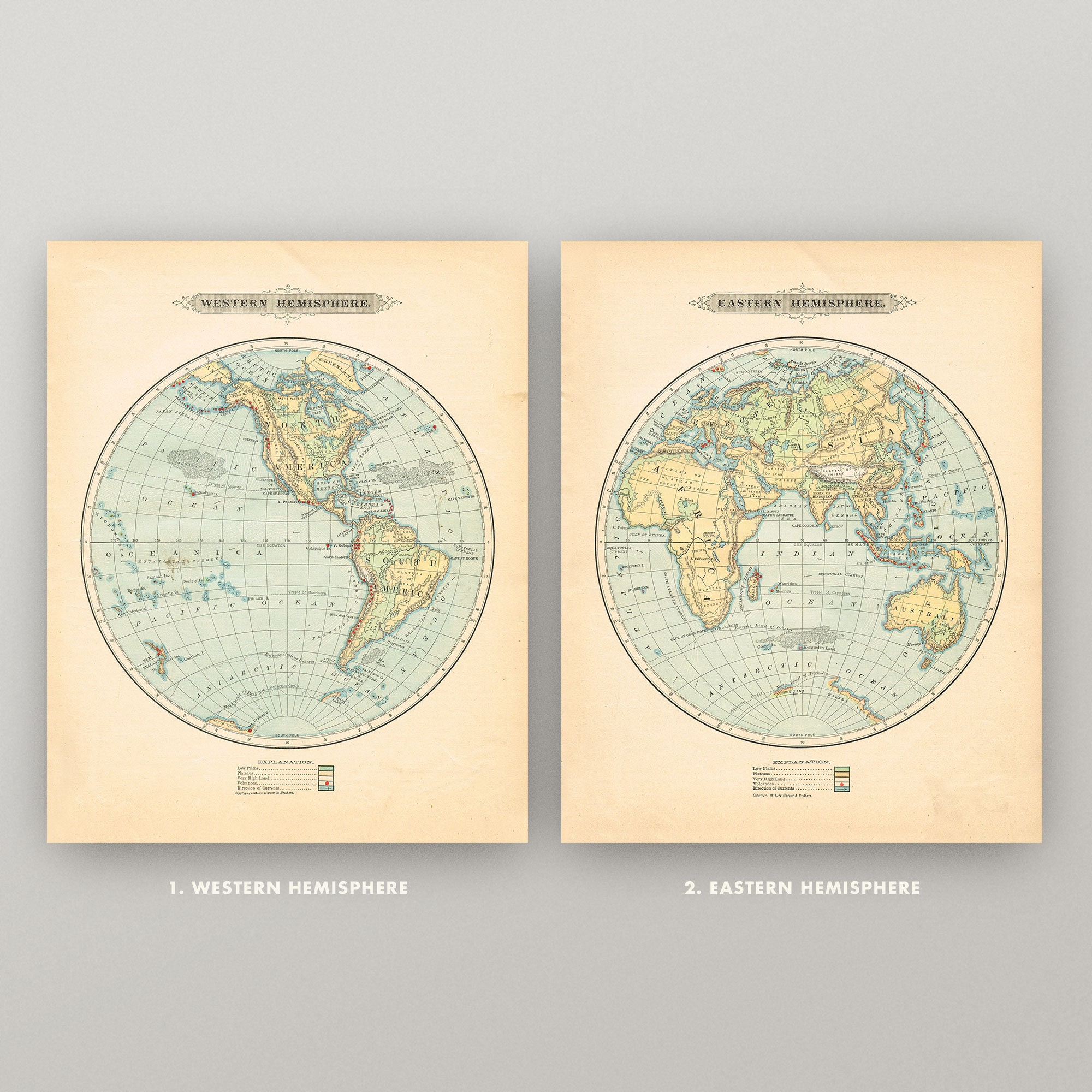 Vintage World Map Set • Antique Western and Eastern Hemispheres Maps ...