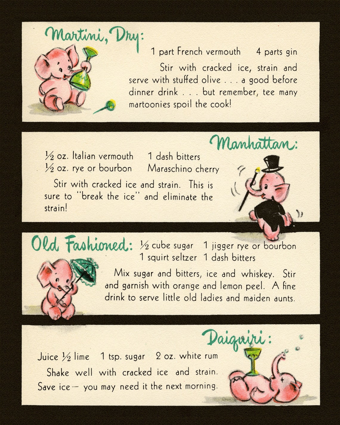 Vintage Pink Elephant Cocktail Print Vintage Cocktail Recipe | Etsy