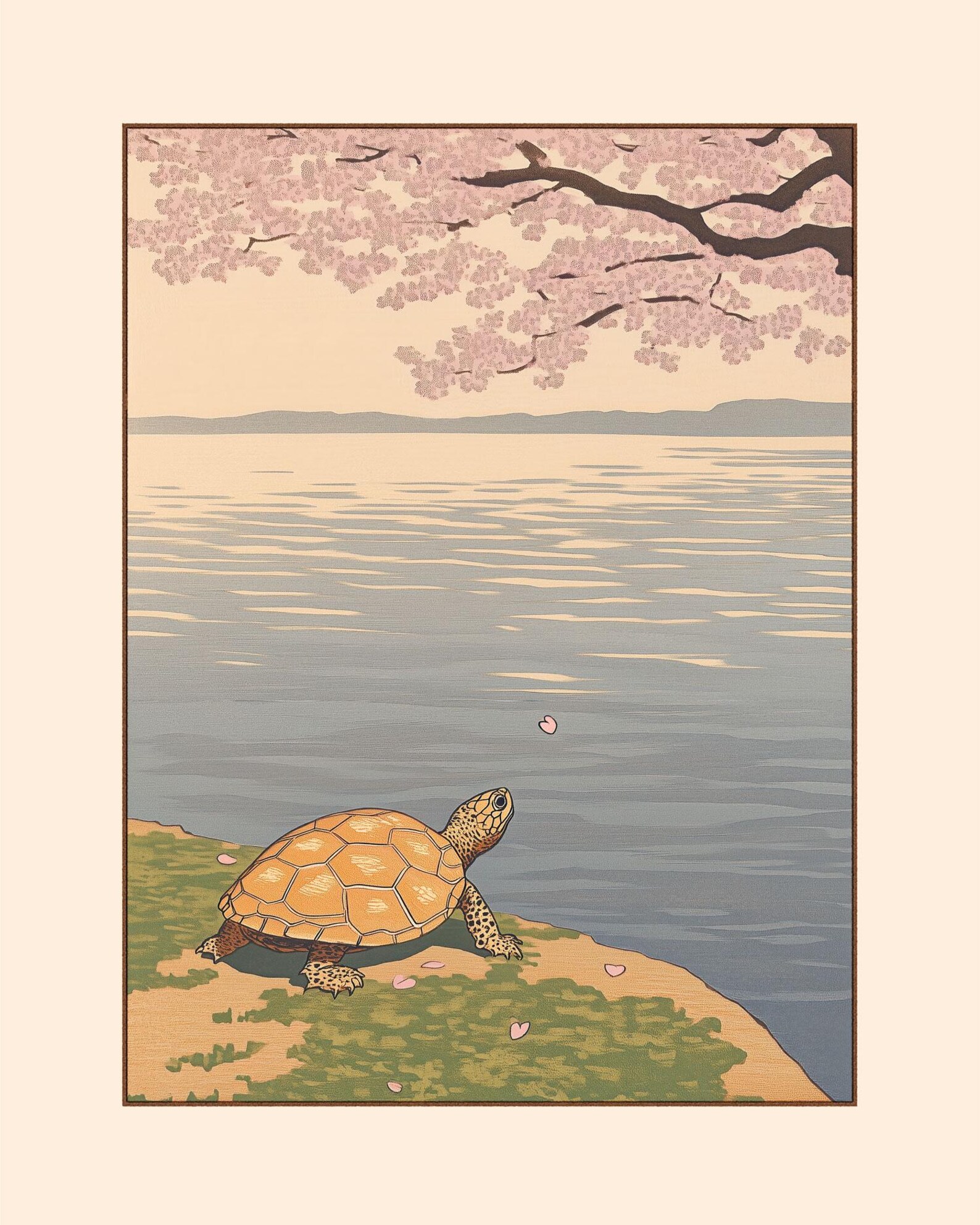 Turtle and Cherry Blossom Petal Print • Serene, Asian Style Turtle Art ...