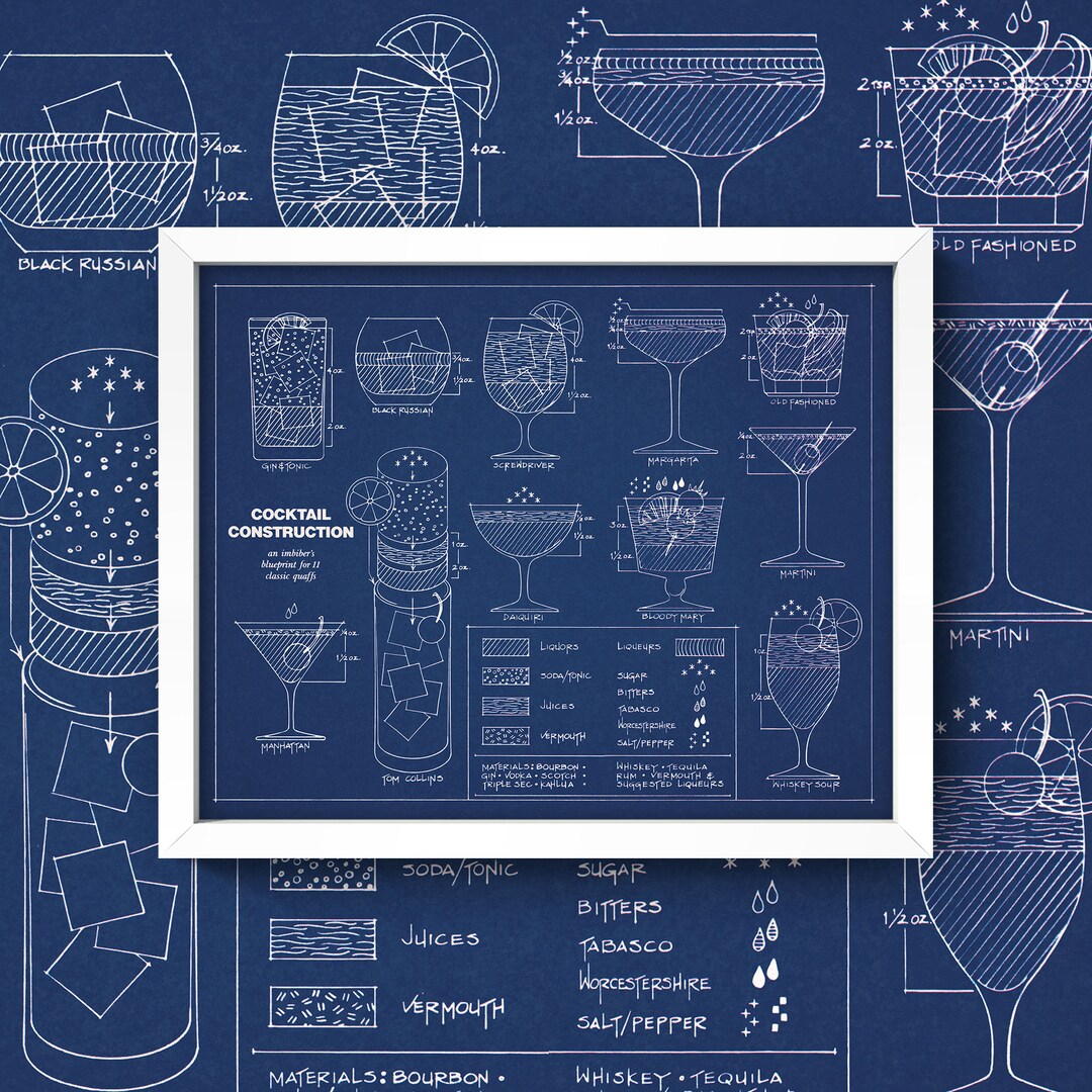 Cocktail Blueprint • Vintage Cocktail Wall Art • 4 Sizes! 8X10, 9X12 ...