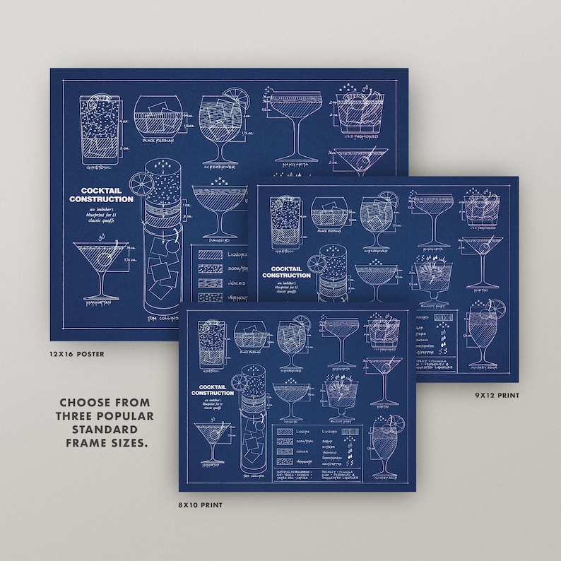 Cocktail Blueprint • Vintage Cocktail Wall Art • 4 Sizes! 8X10, 9X12 ...