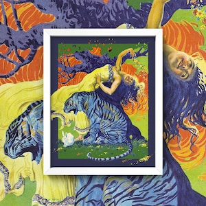 Art Nouveau Woman and Tiger Print • Antique Blue Tiger Wall Art • 4 ...