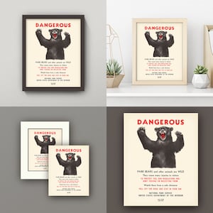 Dangerous! Vintage Bear Print or Poster • Vintage Bear Warning Sign • 4 ...