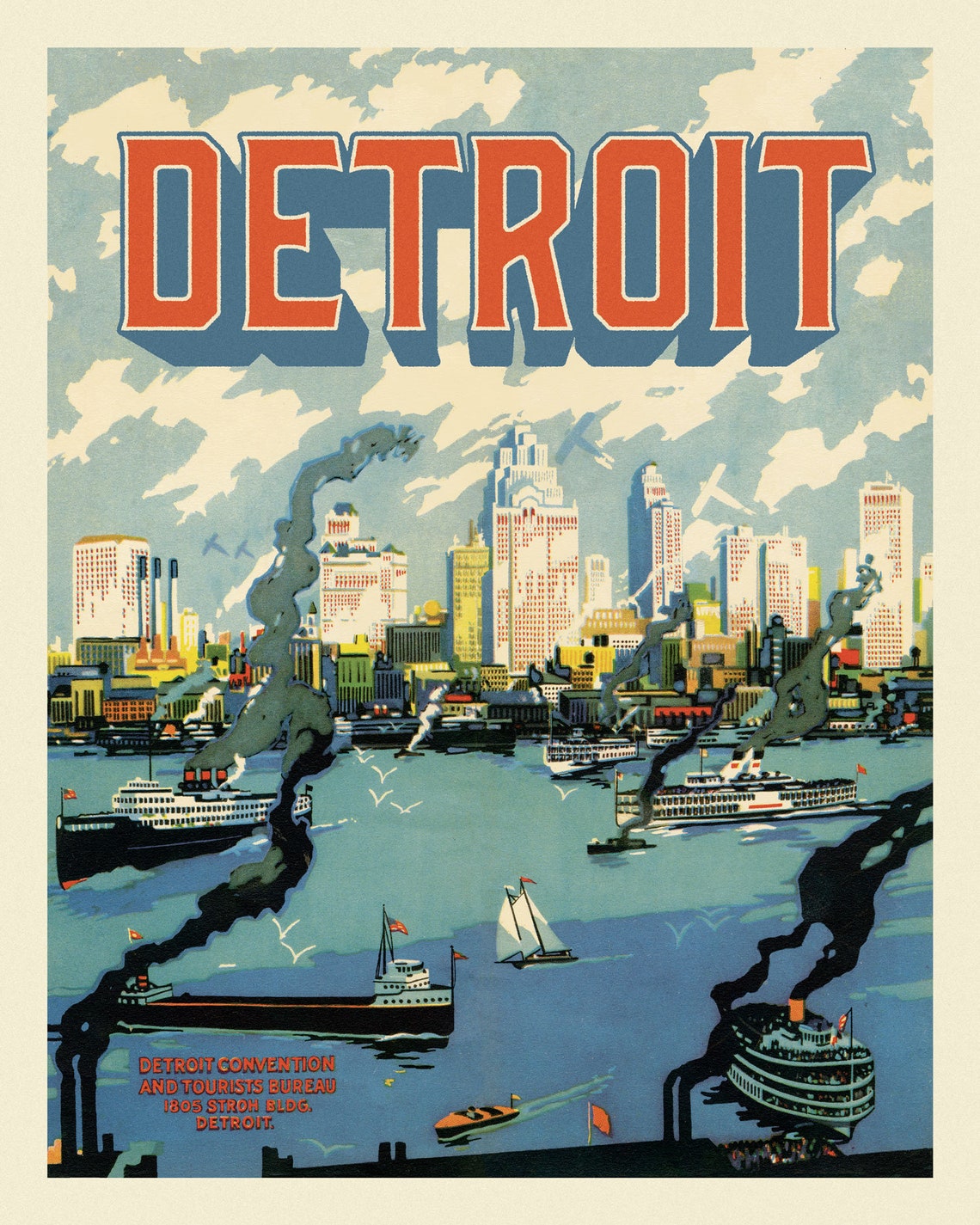 Vintage Detroit Travel Poster Detroit print 5 Sizes | Etsy