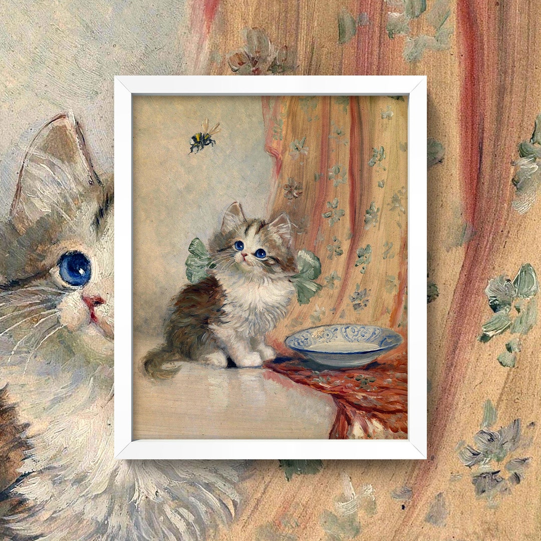 Vintage Cat and Bee Print • Curious Kitten Illustration • 4 Sizes ...