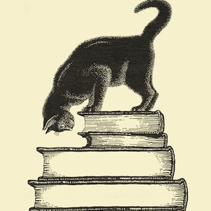 Vintage Black Cat Print • Cat on Stack of Books Wall Art • 3 Sizes ...