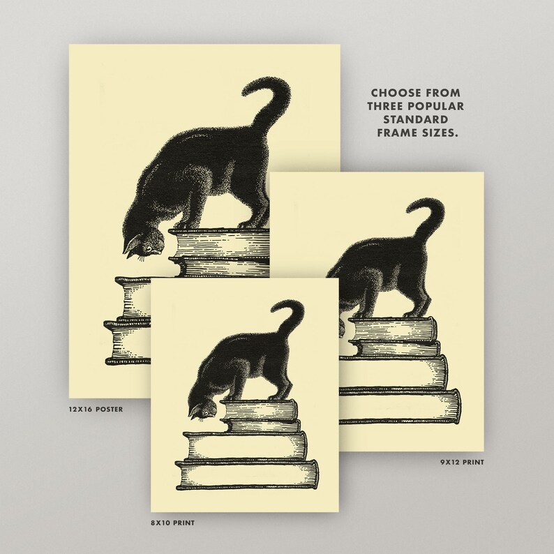 Vintage Black Cat Print Cat on Stack of Books Wall Art 3 - Etsy