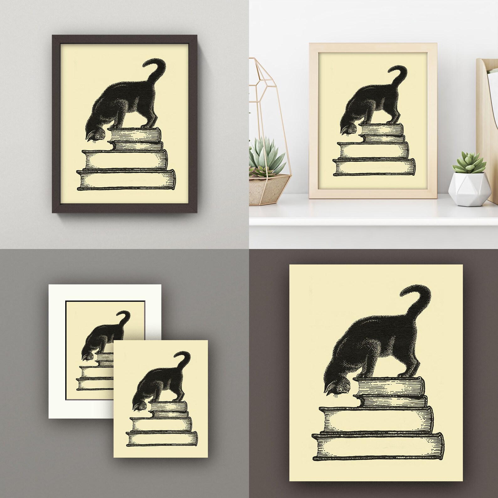 Vintage Black Cat Print Cat on Stack of Books Wall Art 3 - Etsy