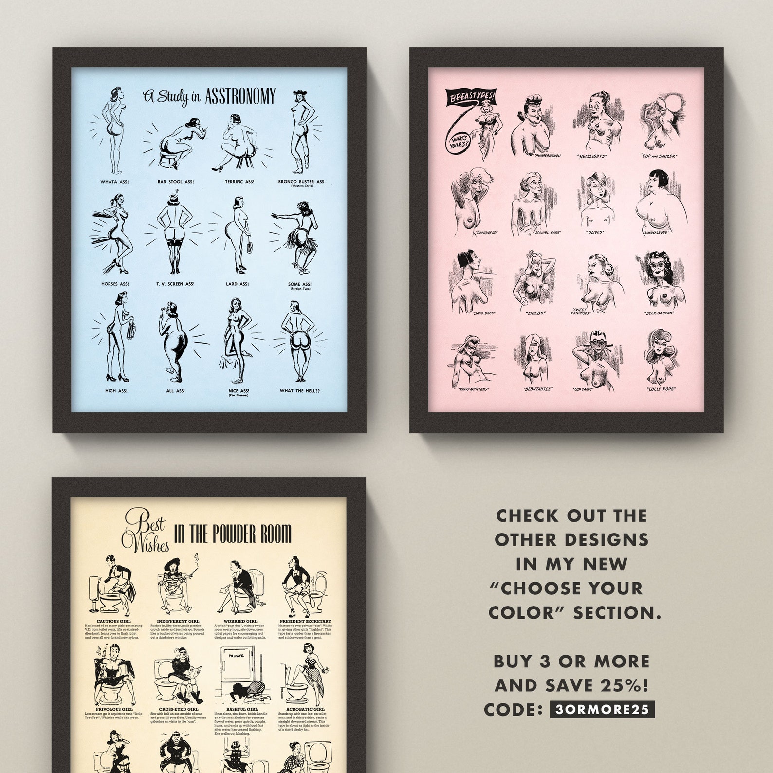 Boobs Breast Types Chart Fun Vintage Bathroom Print 4 - Etsy Canada