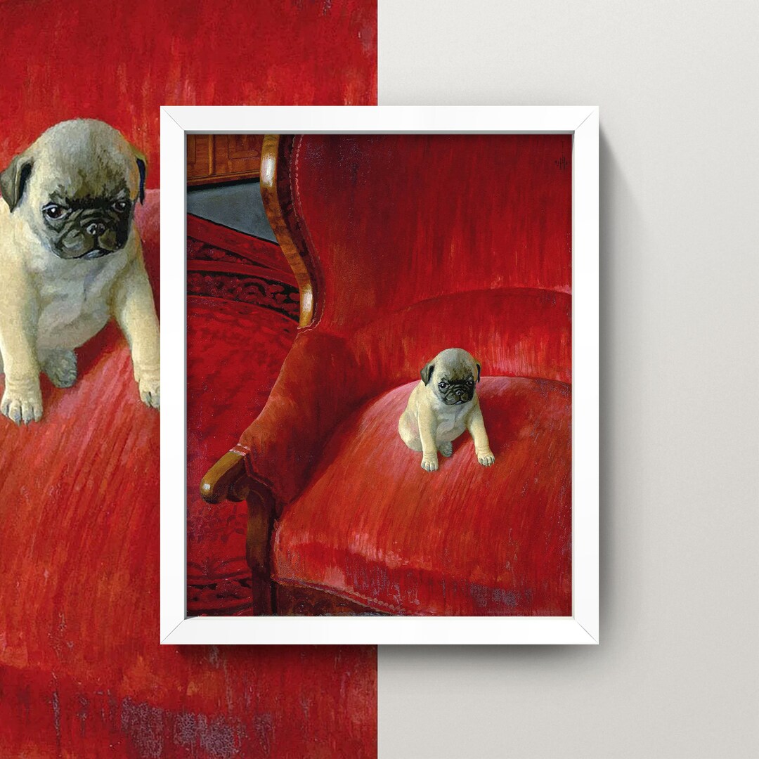 Pug Puppy Print • Vintage Fancy Pet Dog Poster • 4 Sizes! • Antique Red ...
