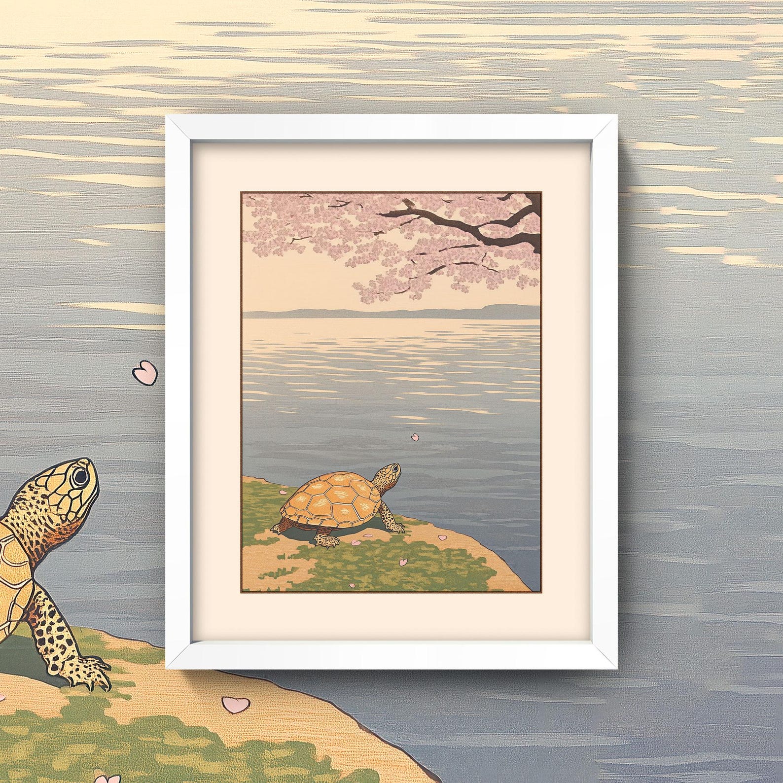 Turtle and Cherry Blossom Petal Print • Serene, Asian Style Turtle Art ...