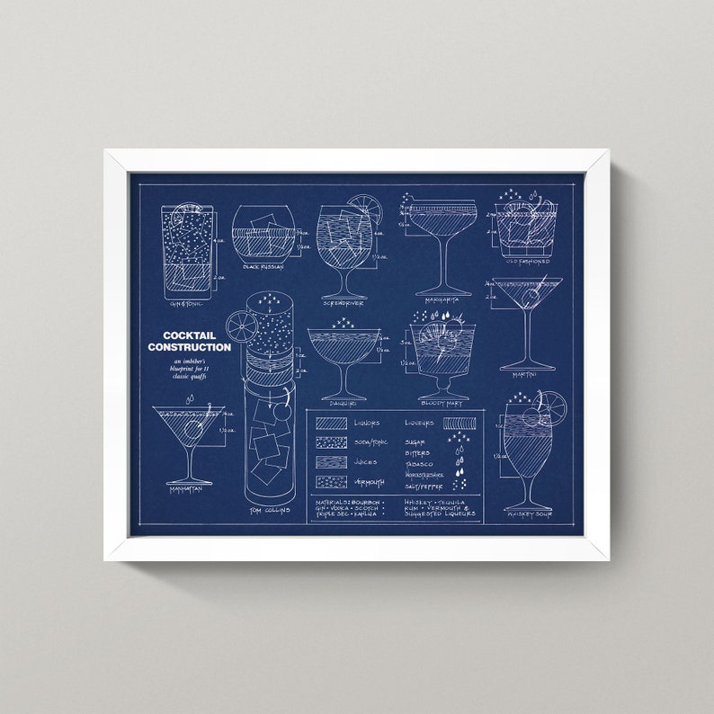 Cocktail Blueprint • Vintage Cocktail Wall Art • 4 Sizes! 8X10, 9X12 ...