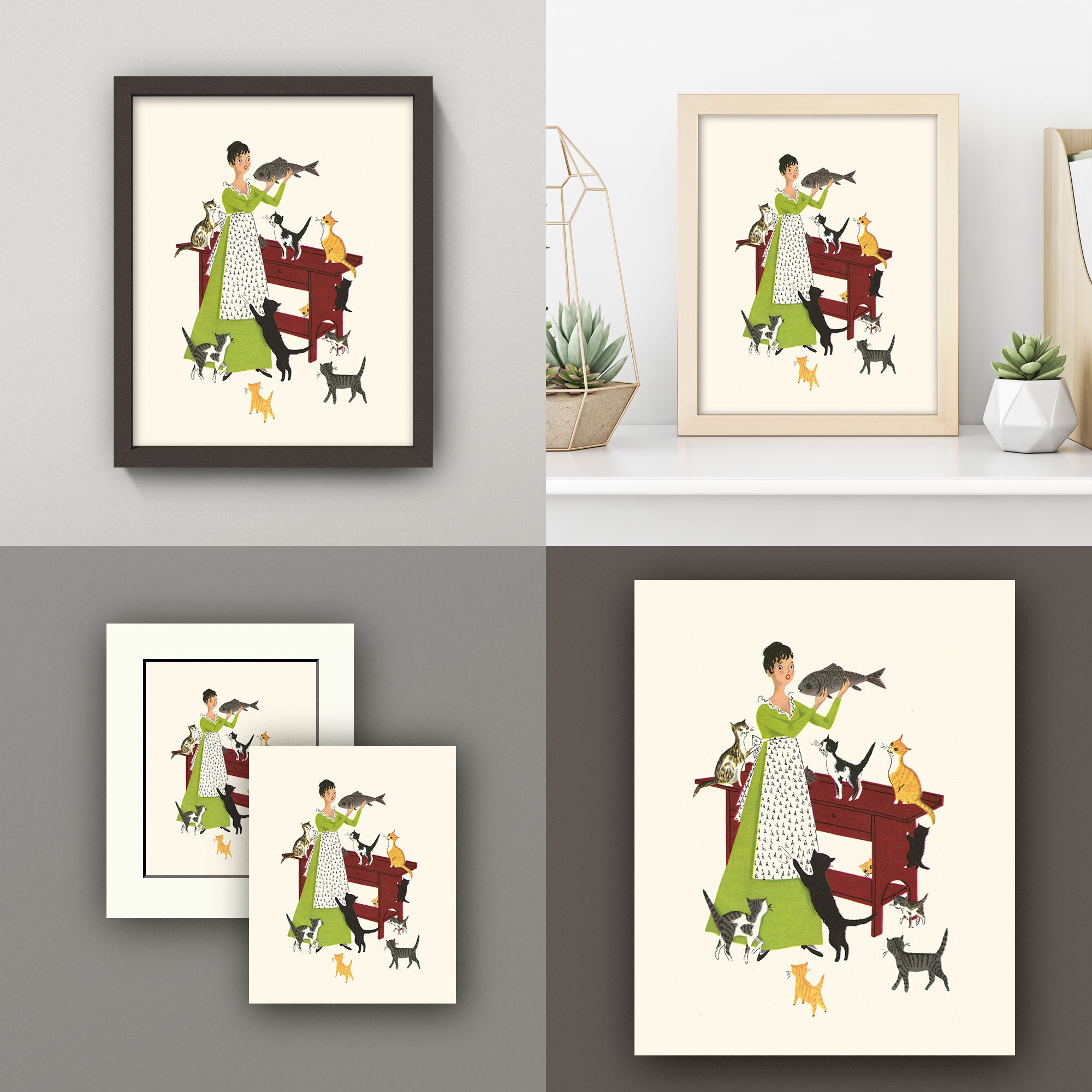 Cats in Kitchen Print Vintage Cat Print 4 Sizes Retro | Etsy