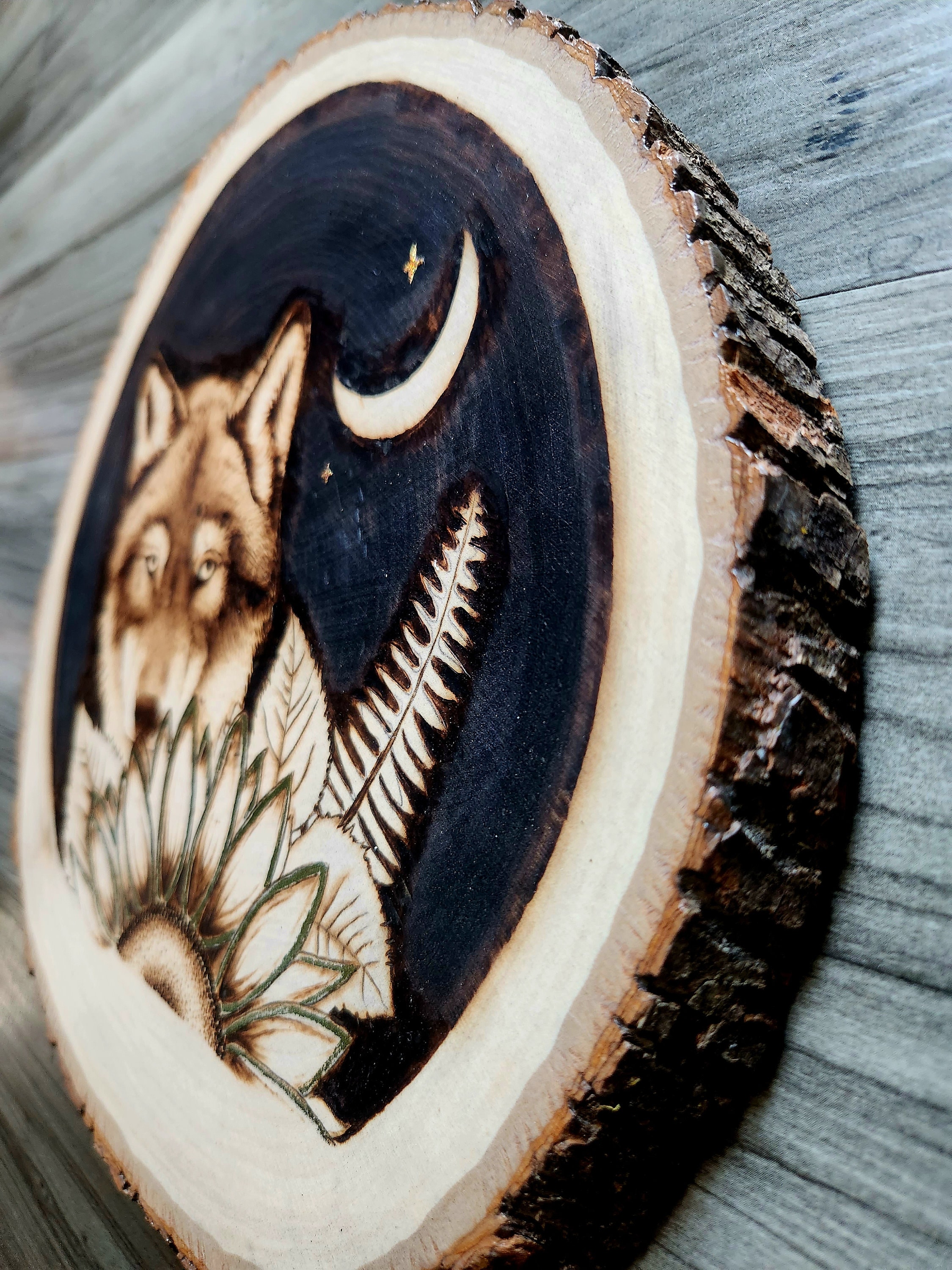 Wolf and Moon Wood Burning Sunflower Autumn Decor Pyrography - Etsy
